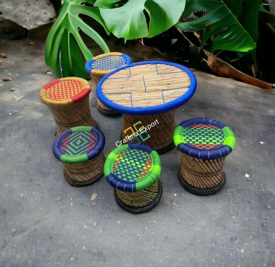 Buy Bamboo Mudda Cane Sitting Stools with Table - Craferia