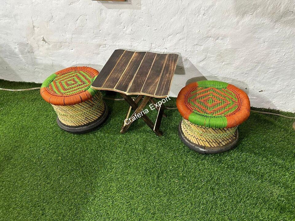 Buy bamboo stool with foldable table cane mudda stool - Craferia
