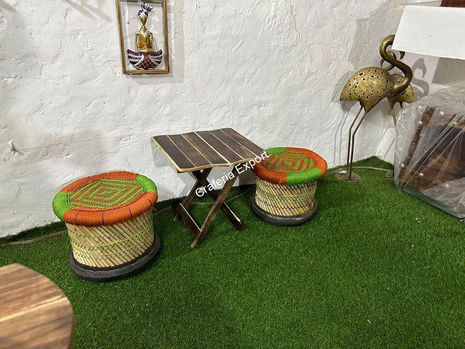 Buy bamboo stool with foldable table cane mudda stool - Craferia